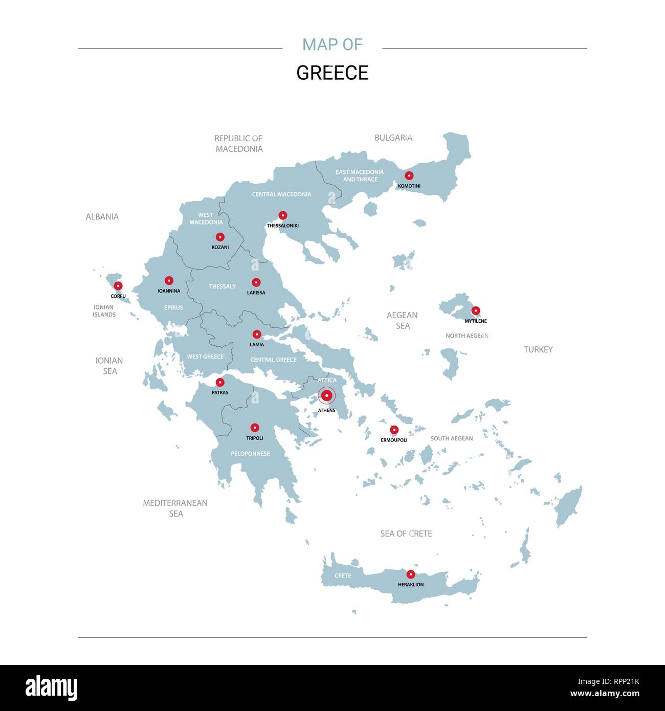 Greece vector map. Editable template with regions, cities, red pins and ...