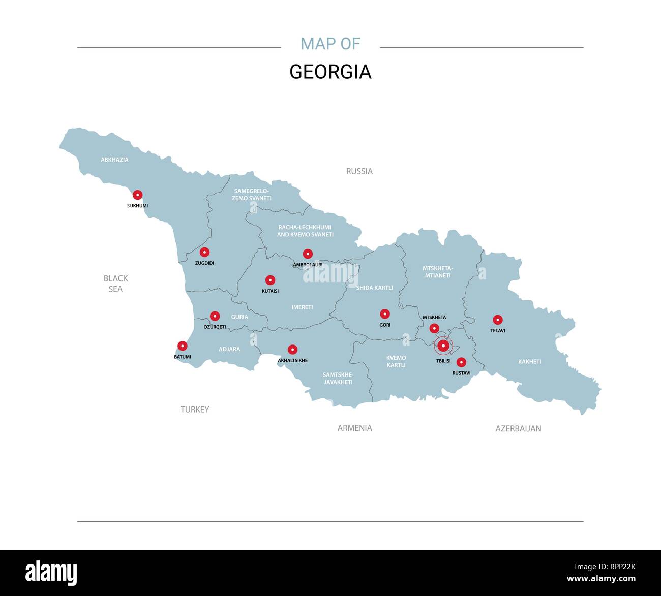 vector map. Editable template with regions, cities, red pins and blue ...