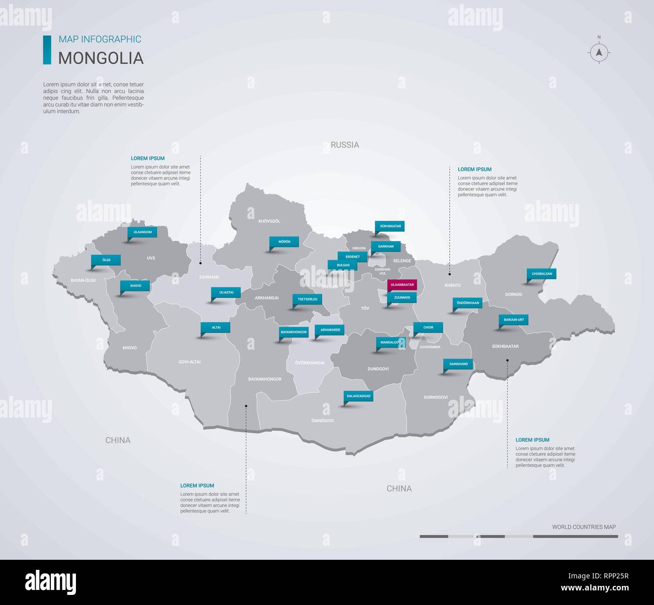 Mongolia vector map with infographic elements, pointer marks. Editable ...