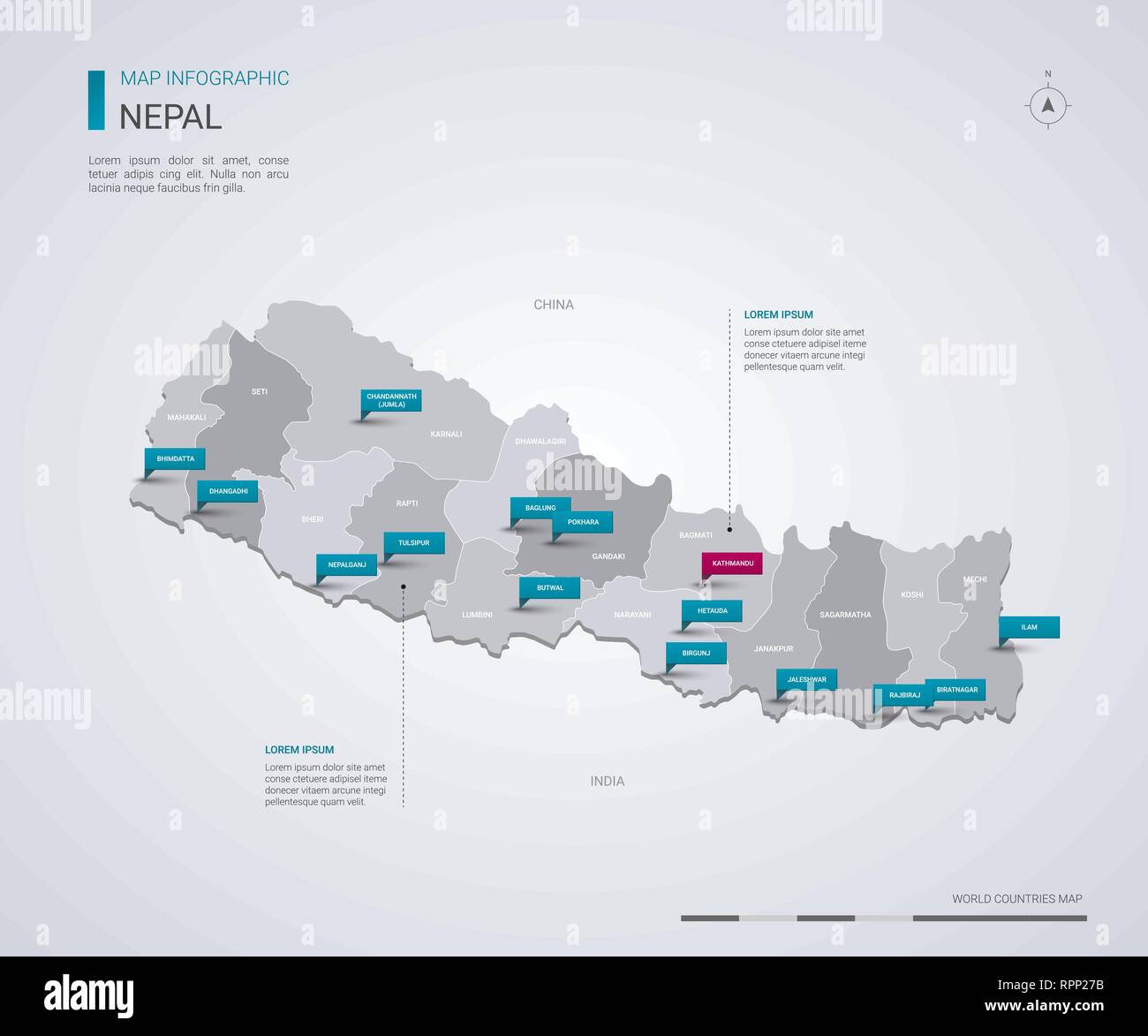 Nepal vector map with infographic elements, pointer marks. Editable ...