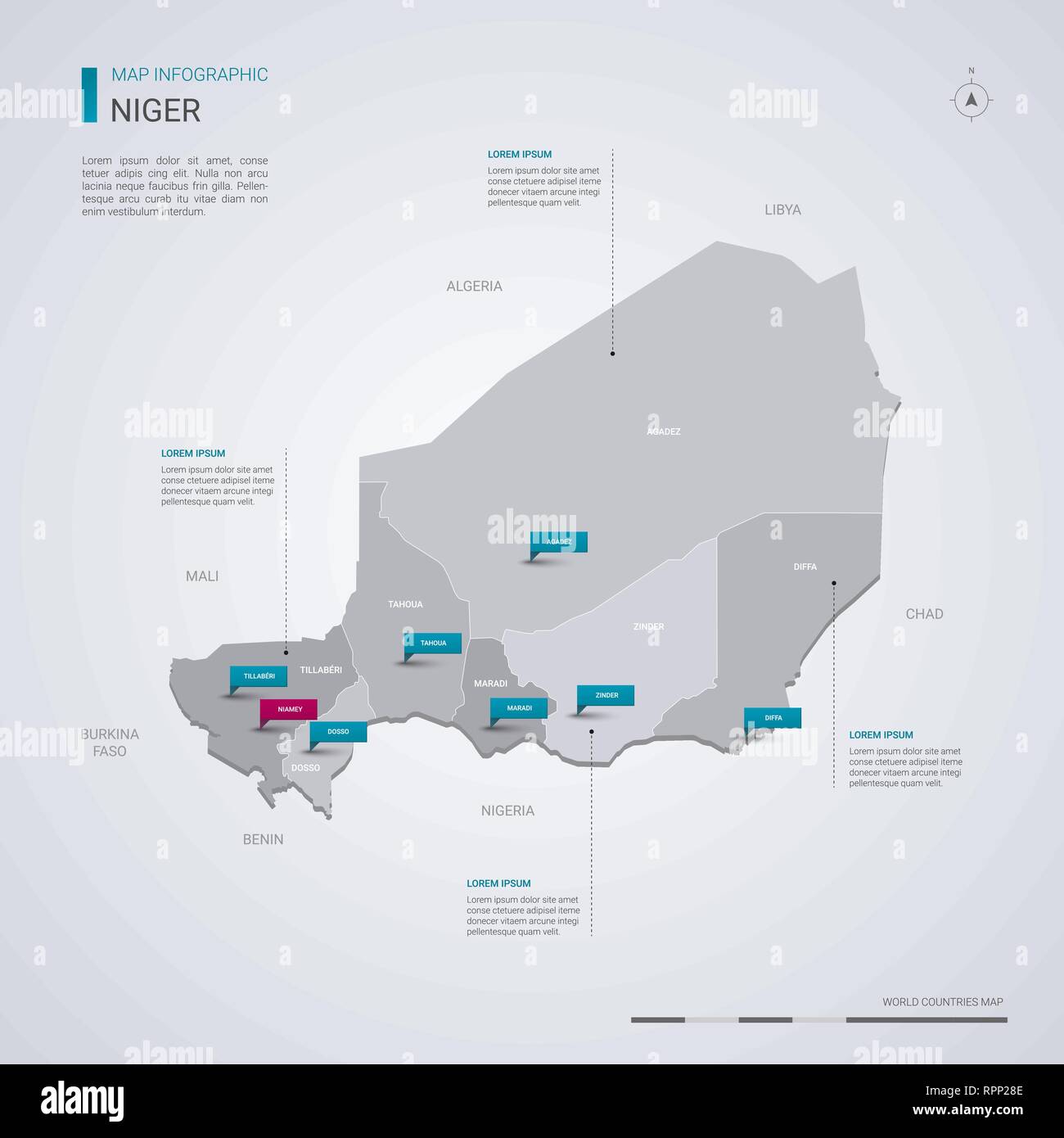 Niger vector map with infographic elements, pointer marks. Editable ...