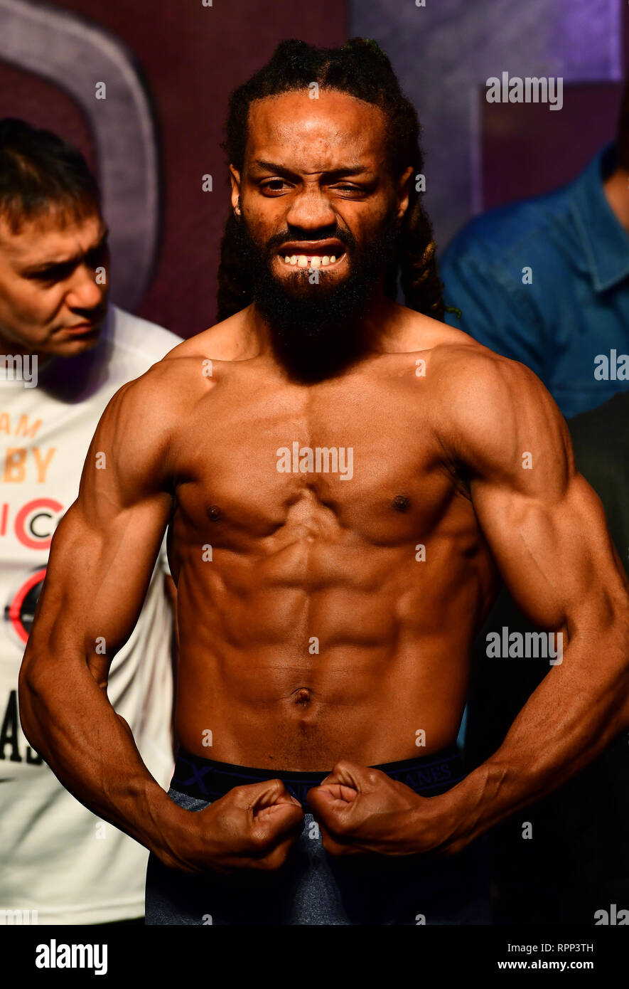 Omar Douglas during the weigh in at the The O2, London Stock Photo - Alamy
