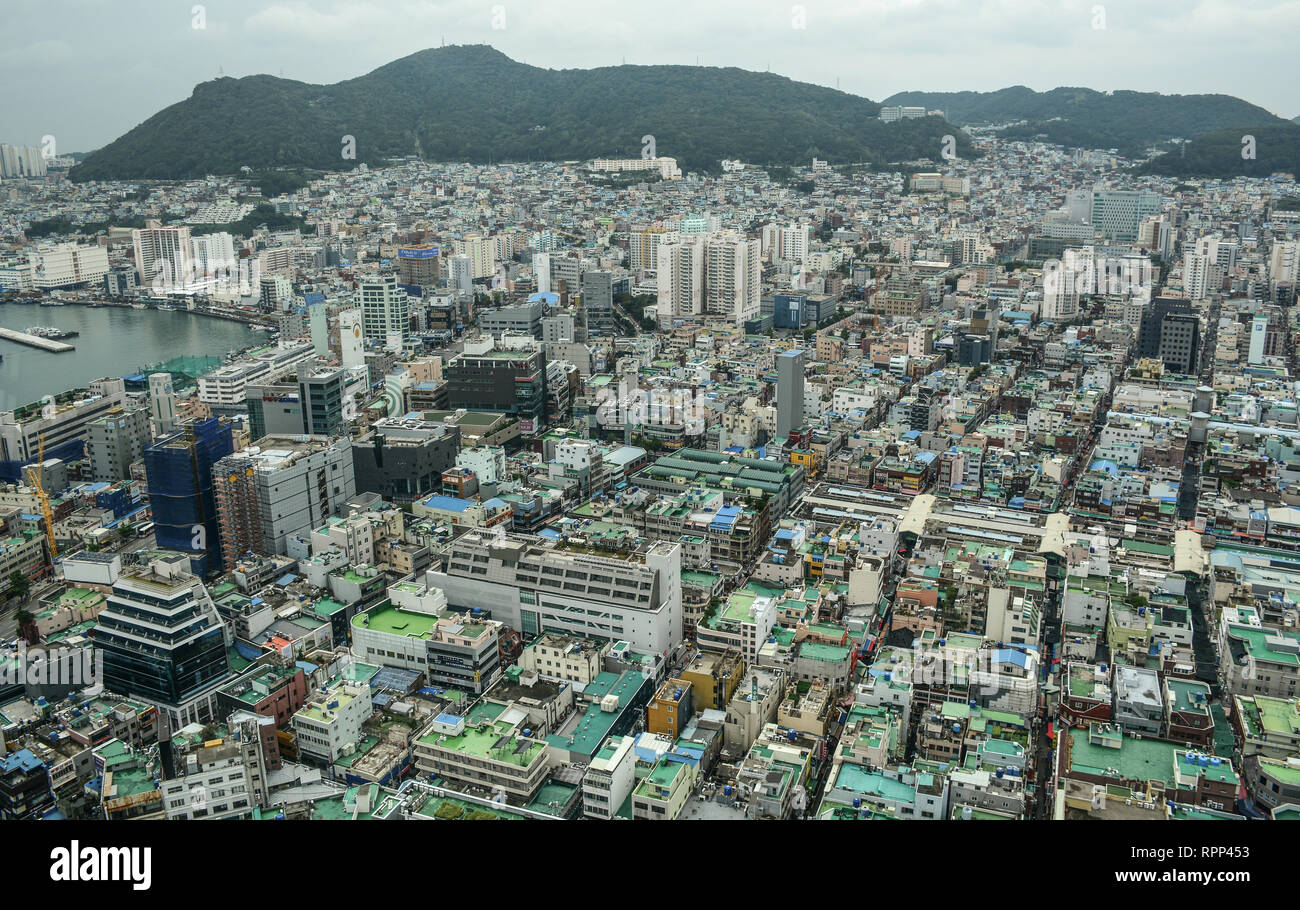 Busan, South Korea - Sep 18, 2016. Aerial view of downtown on coast in ...