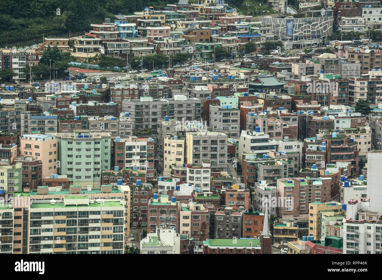 Busan, South Korea - Sep 18, 2016. Aerial view of downtown on coast in ...