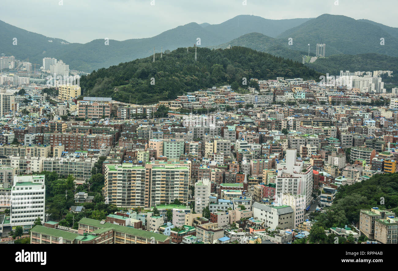 Busan, South Korea - Sep 18, 2016. Aerial view of downtown on coast in ...