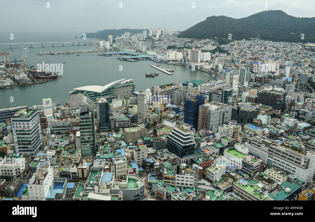 Busan, South Korea - Sep 18, 2016. Aerial view of downtown on coast in ...