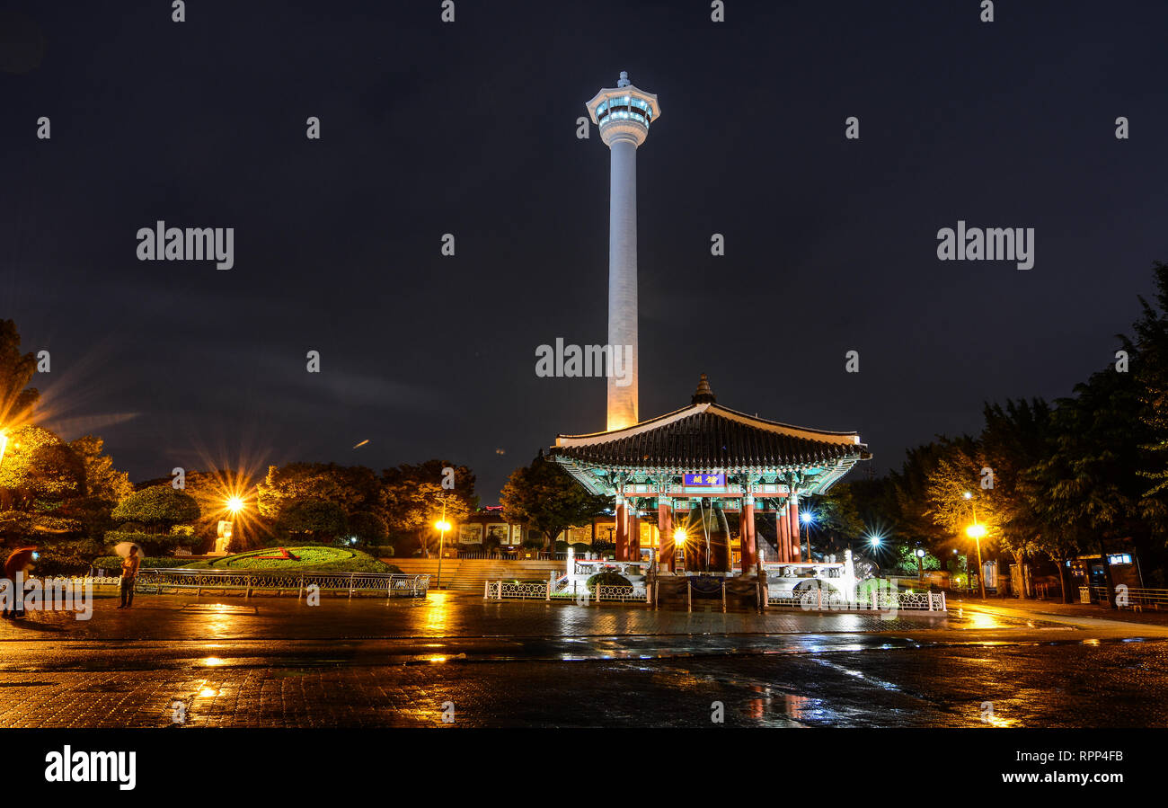 Busan, South Korea - Sep 17, 2016. Night scene of Busan Tower. The ...