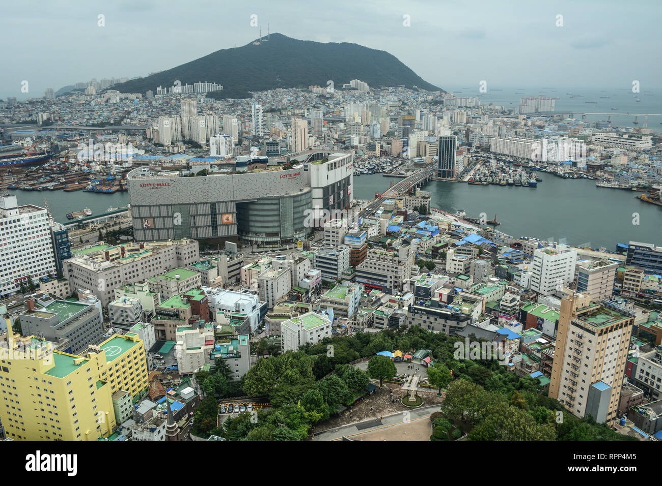 Busan, South Korea - Sep 18, 2016. Aerial view of downtown on coast in ...