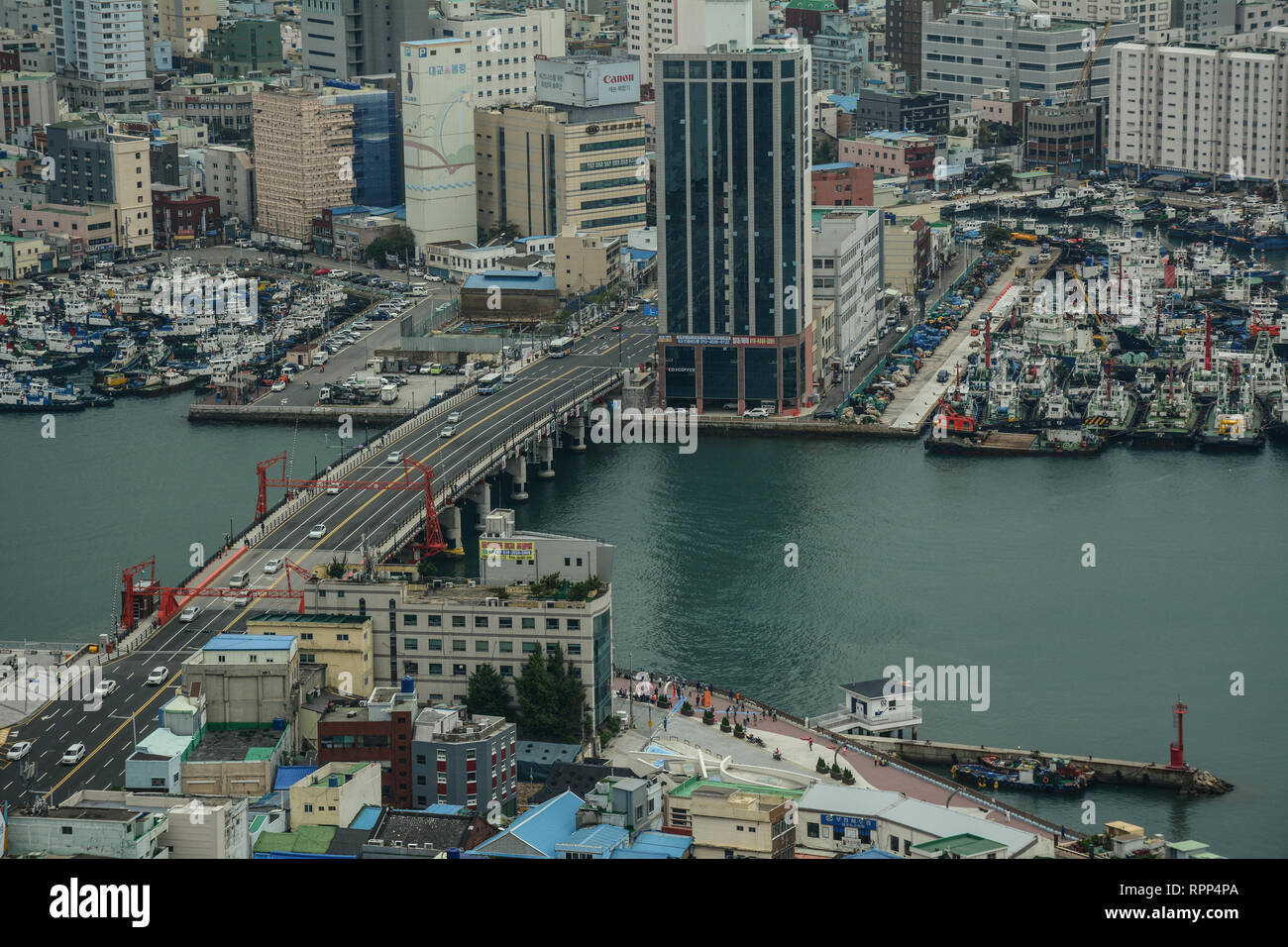 Busan, South Korea - Sep 18, 2016. Aerial view of downtown on coast in ...