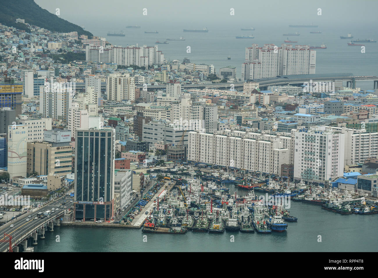 Busan, South Korea - Sep 18, 2016. Aerial view of downtown on coast in ...
