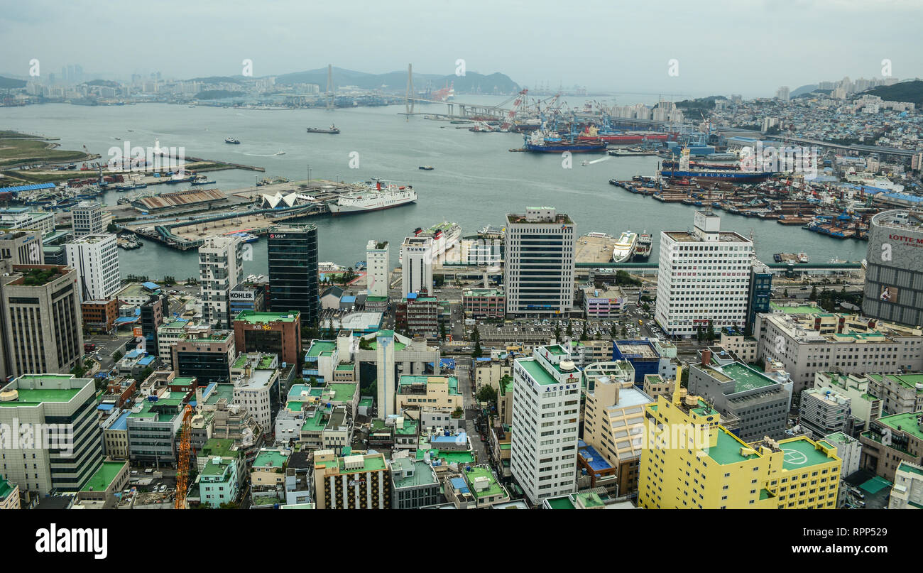 Busan, South Korea - Sep 18, 2016. Aerial view of downtown on coast in ...
