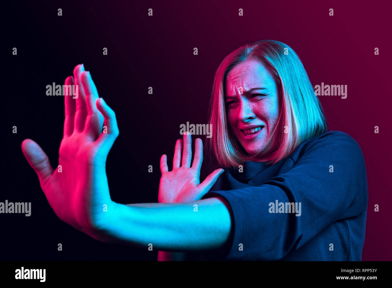 Reject, rejection, doubt concept. Doubtful woman with thoughtful ...