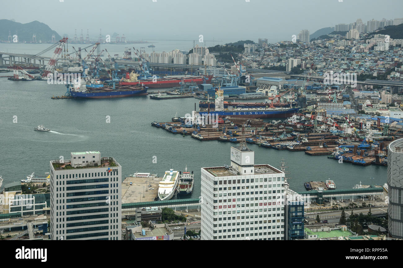 Busan, South Korea - Sep 18, 2016. Aerial view of downtown on coast in ...