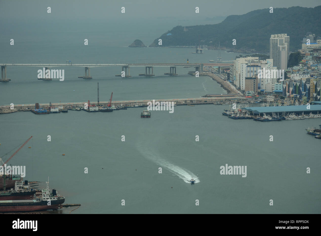 Busan, South Korea - Sep 17, 2016. View of Busan Port from Lotte ...
