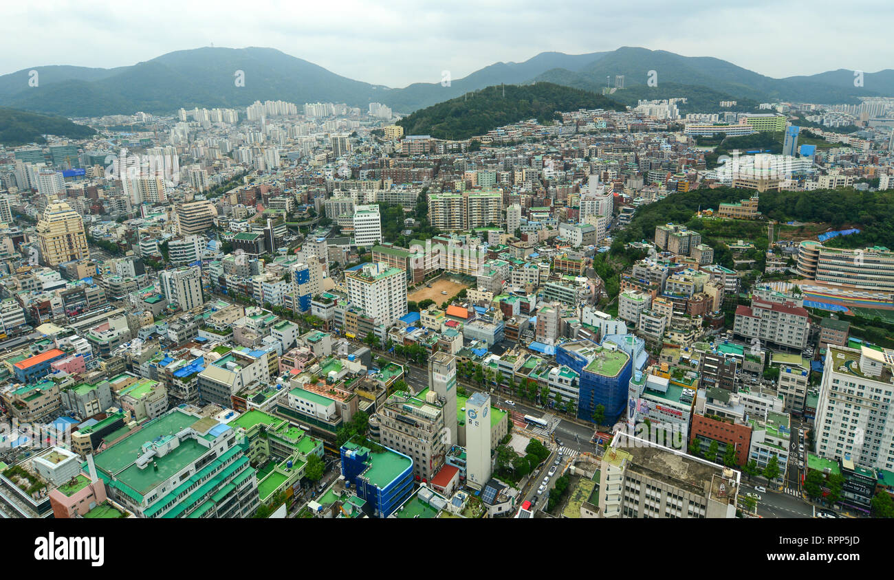 Busan, South Korea - Sep 18, 2016. Aerial view of downtown on coast in ...