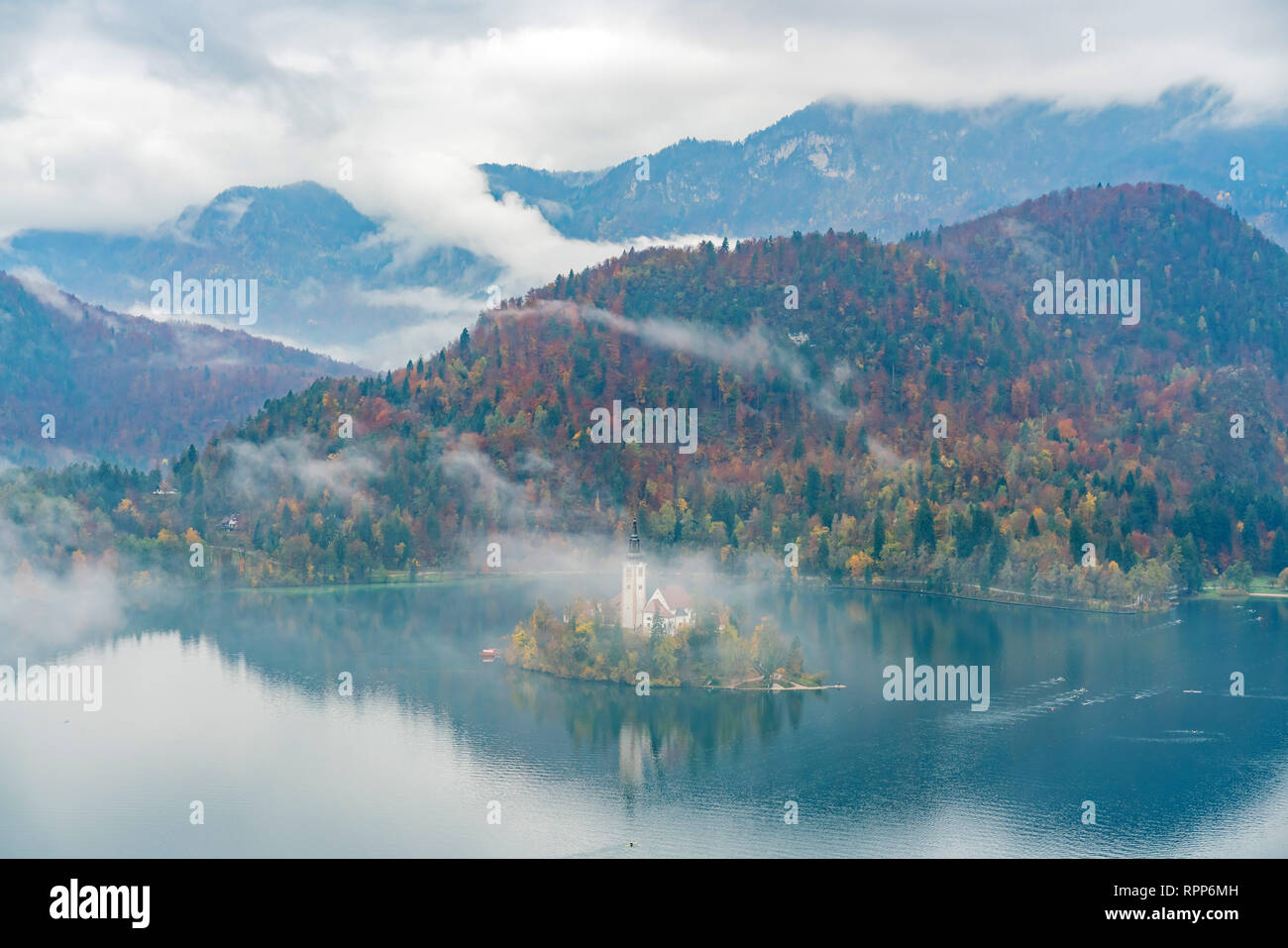 Beautiful autumn landscape around Lake Bled with Pilgrimage Church of ...