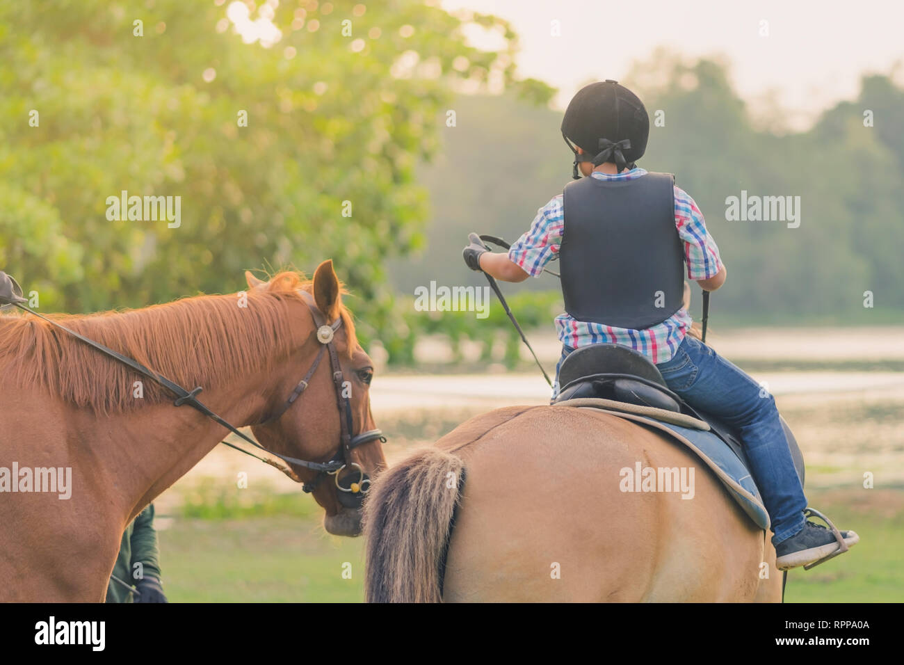 Kids learn to ride a horse near the river before sunset Stock Photo - Alamy