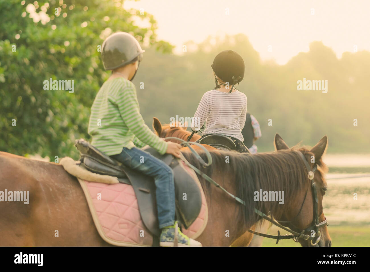 Kids learn to ride a horse near the river before sunset Stock Photo - Alamy