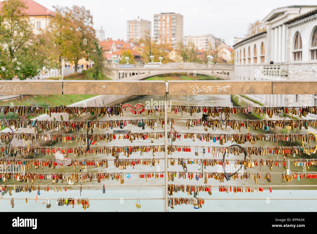Many love padlocks locked on the famous Mesarski Most (Butchers' Bridge ...