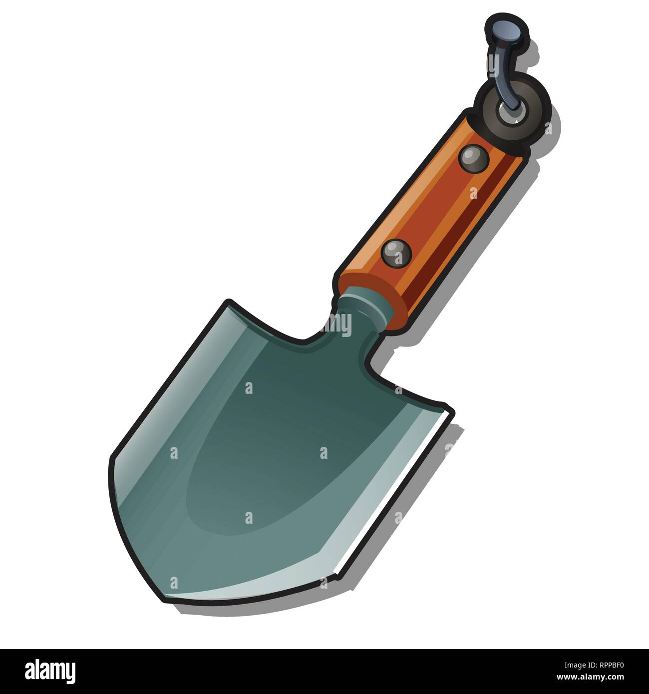 A small shovel hanging on a nail isolated on a white background ...