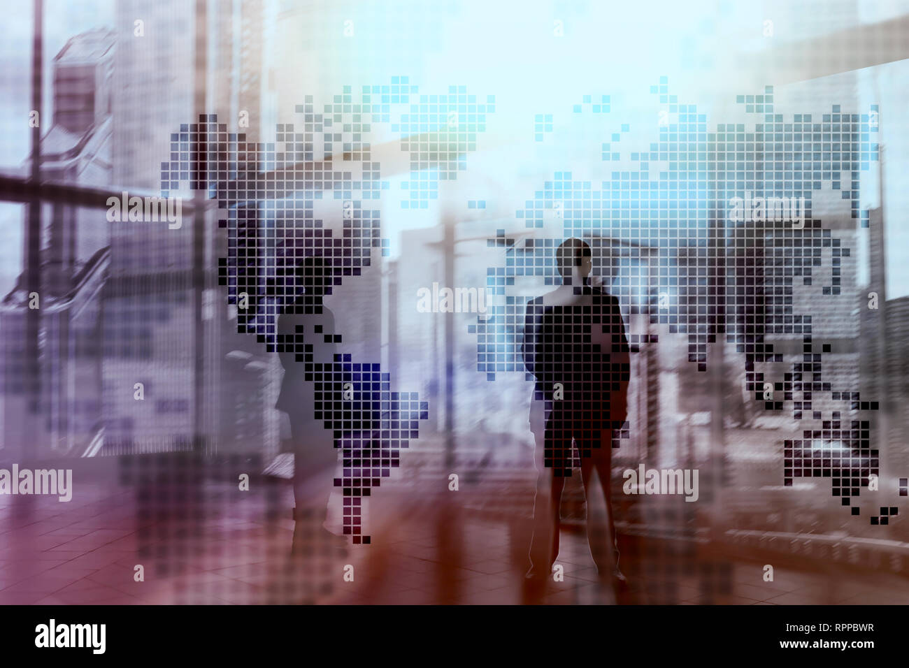 Double exposure world map. Global business and financial market concept ...