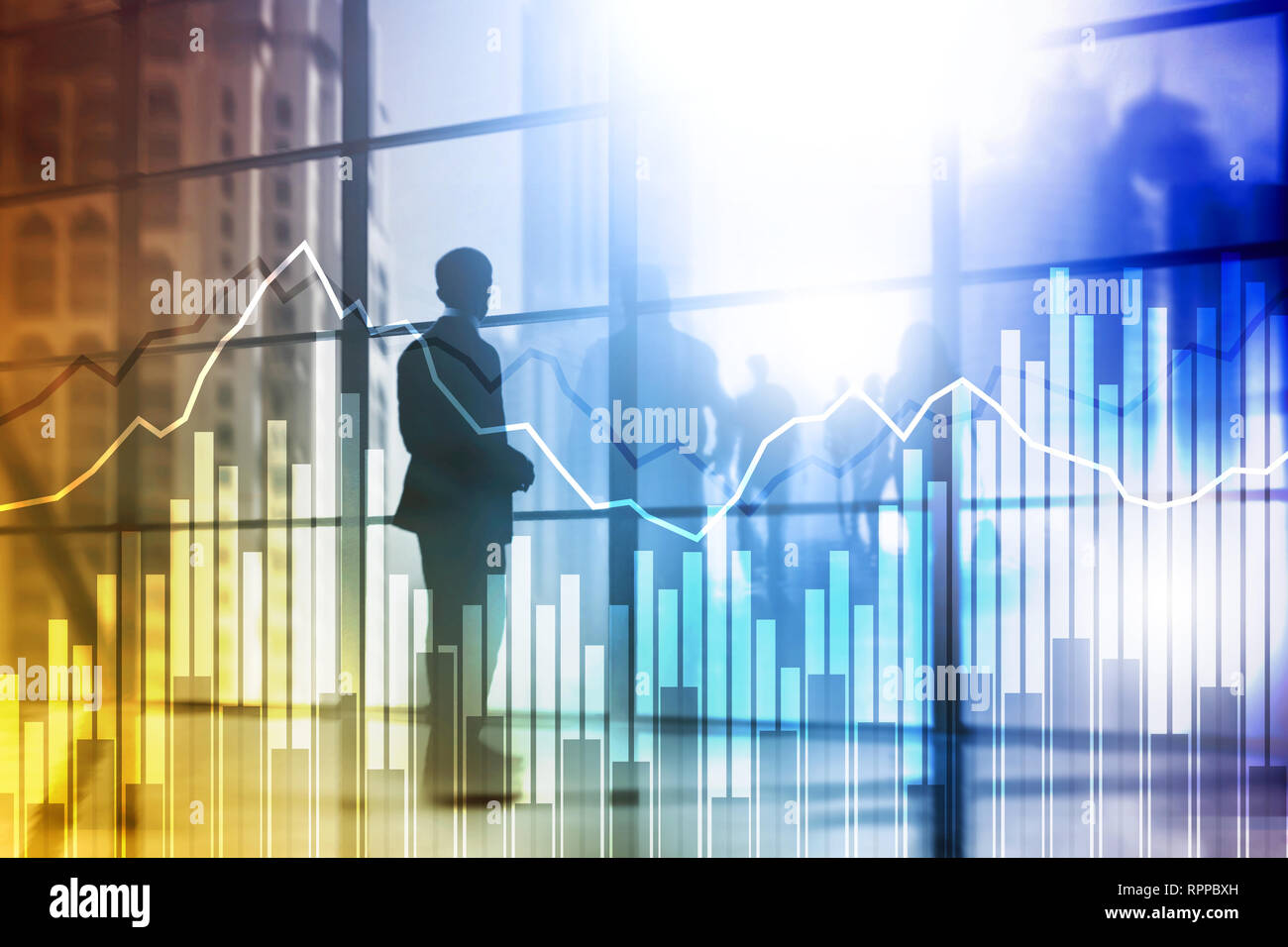Double exposure Financial graphs and diagrams. Business, economics and ...