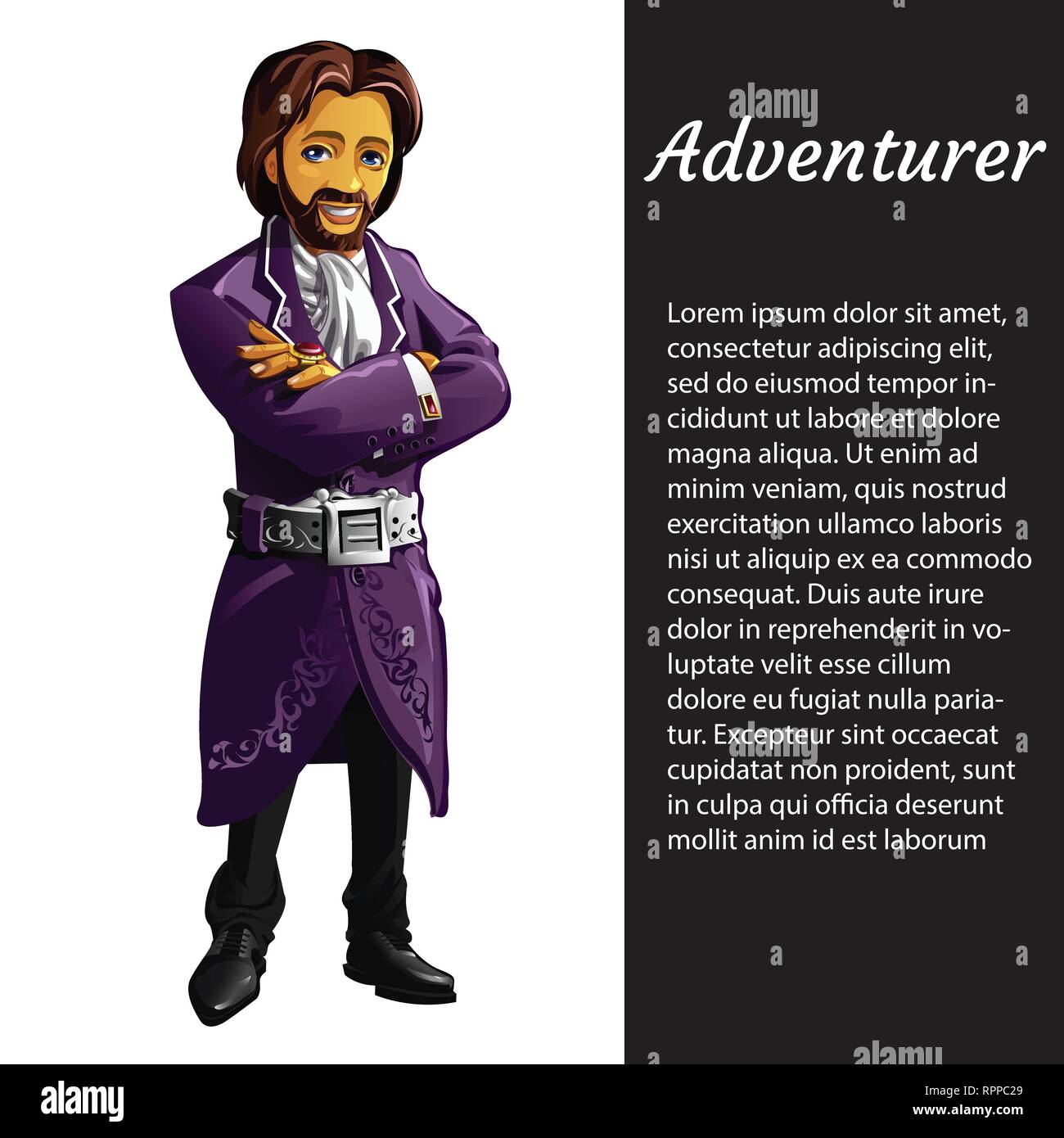 A card with a picture of adventurer isolated on white background and ...