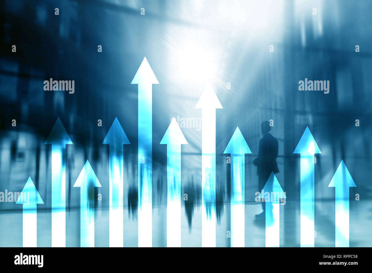 Up arrow graph on skyscraper background. Invesment and financial growth ...