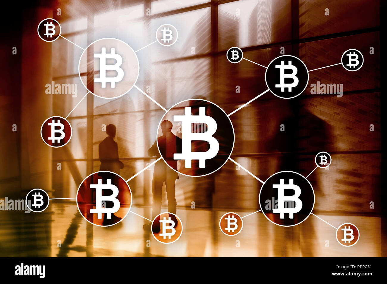 Bitcoin cryptocurrency and blockchain technology concept on blurred ...