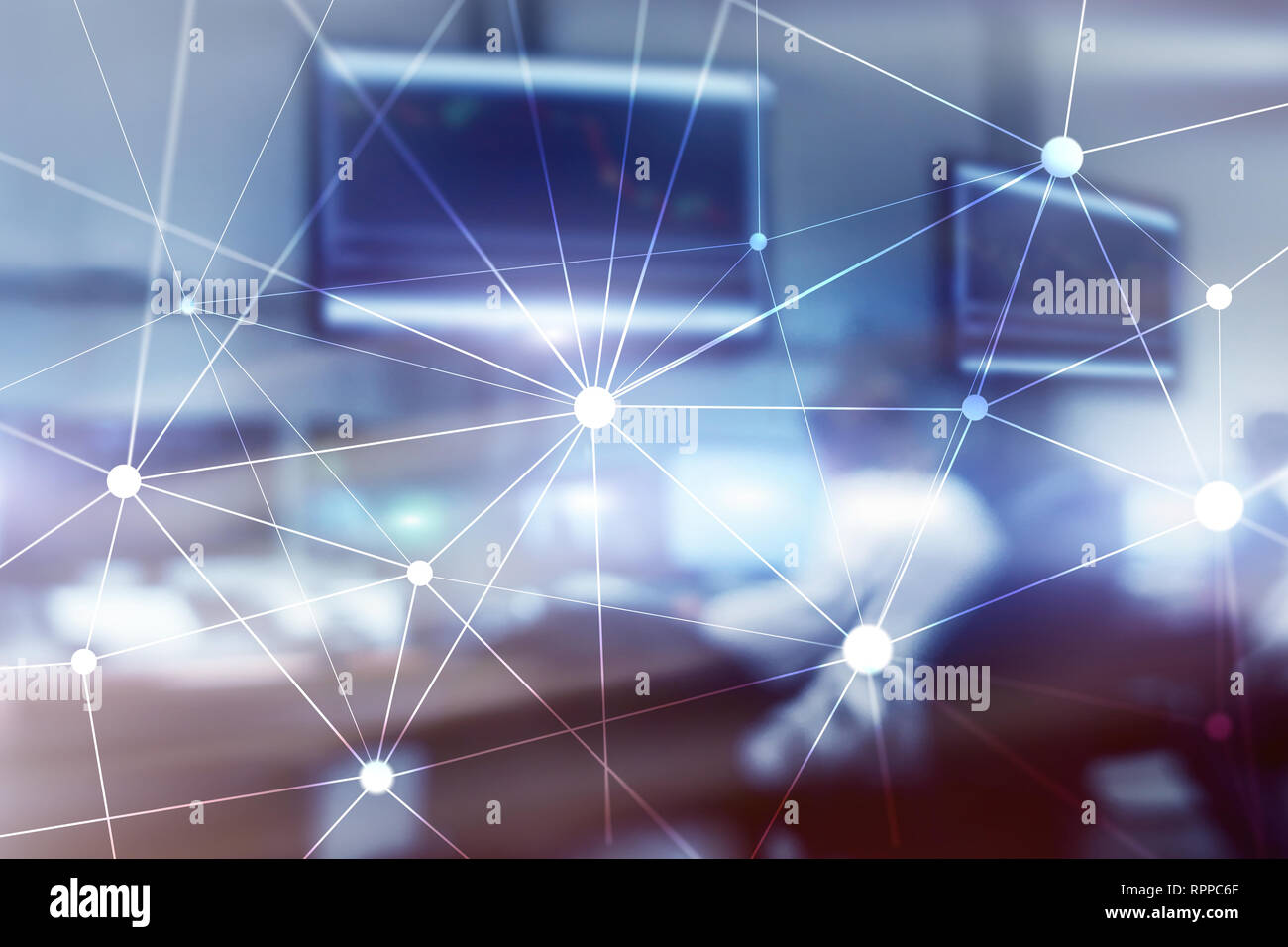 Blockchain network on blurred skyscrapers background. Financial ...