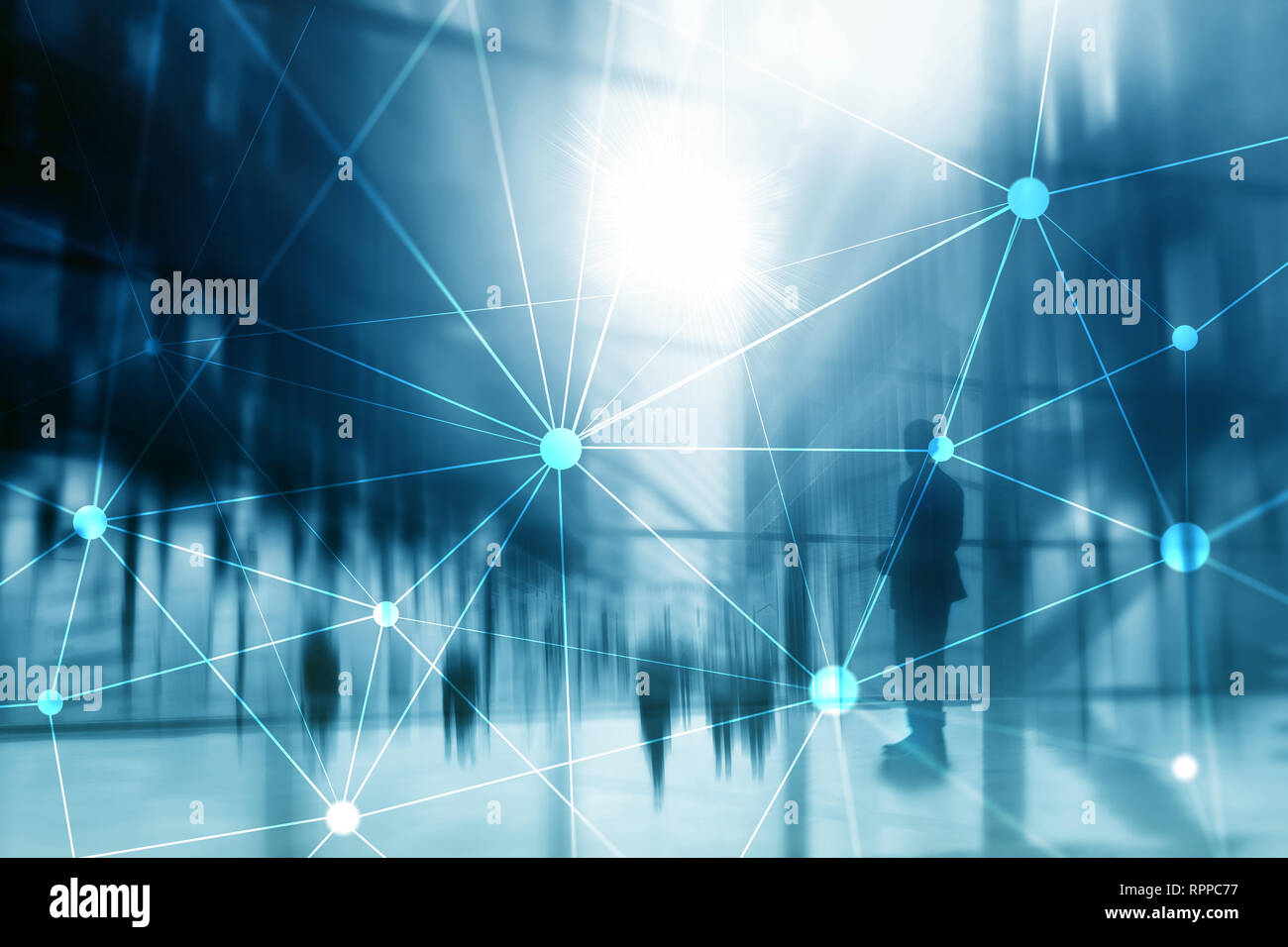 Blockchain network on blurred skyscrapers background. Financial ...