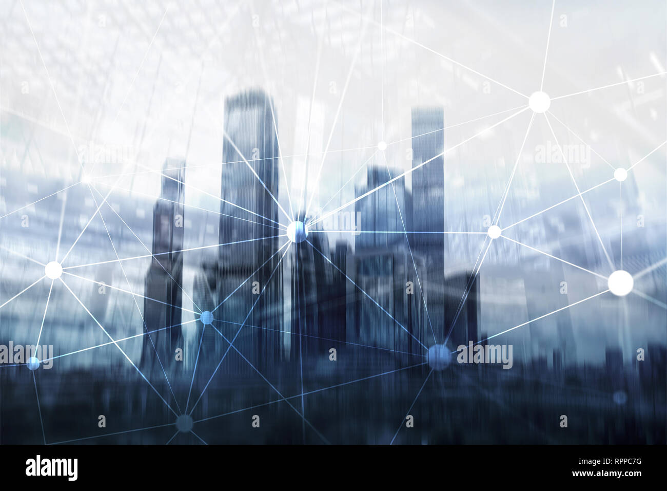 Blockchain network on blurred skyscrapers background. Financial ...