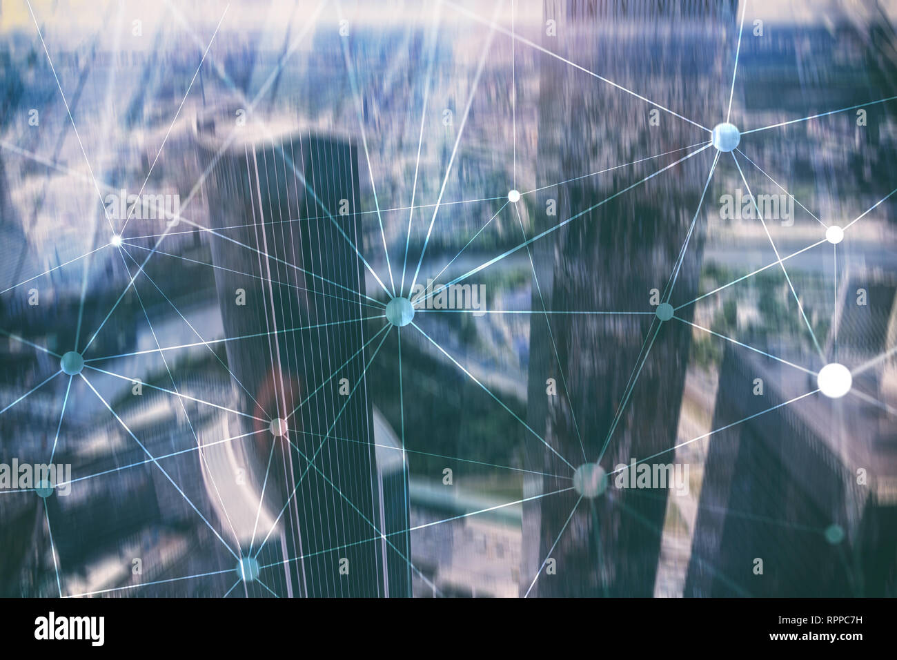 Blockchain network on blurred skyscrapers background. Financial ...