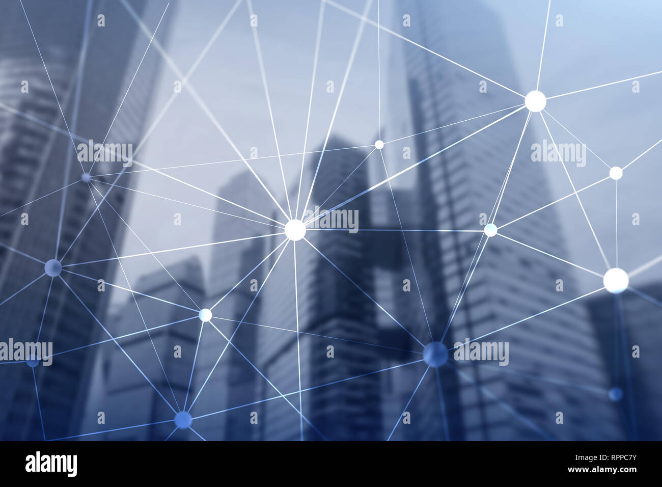 Blockchain network on blurred skyscrapers background. Financial ...
