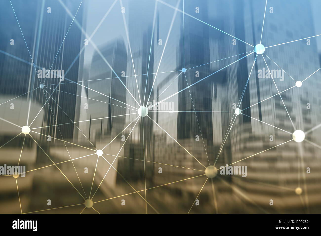 Blockchain network on blurred skyscrapers background. Financial ...