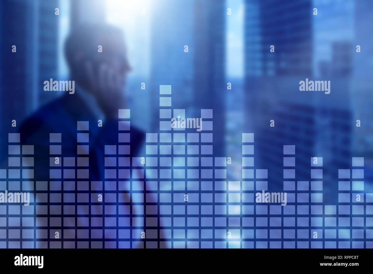 Financial chart on blurred skyscraper office background Stock Photo - Alamy