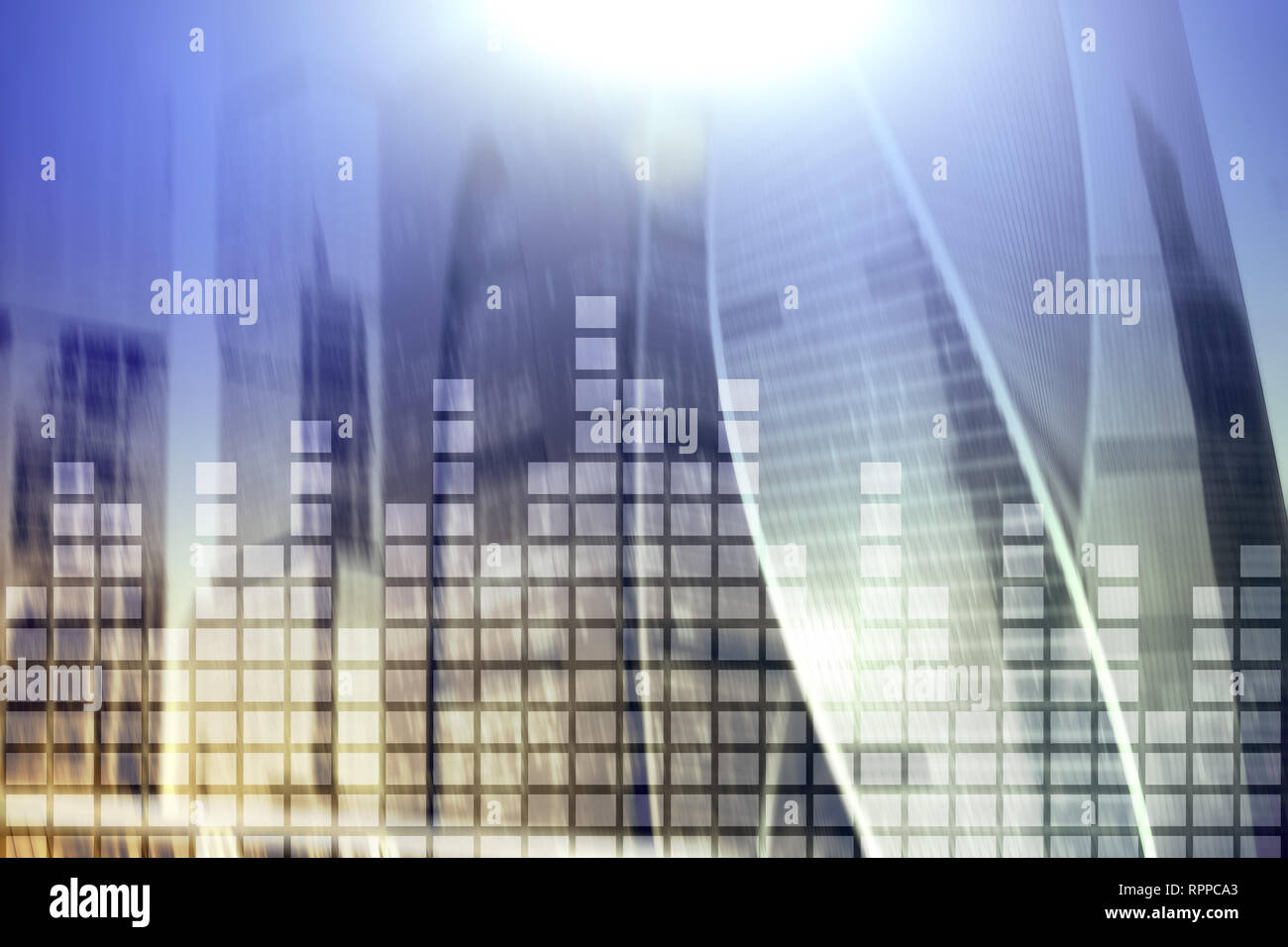 Financial chart on blurred skyscraper office background Stock Photo - Alamy