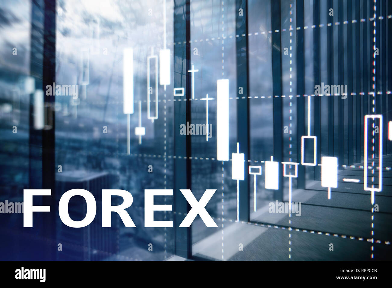 Forex trading, financial candle chart and graphs on blurred business ...