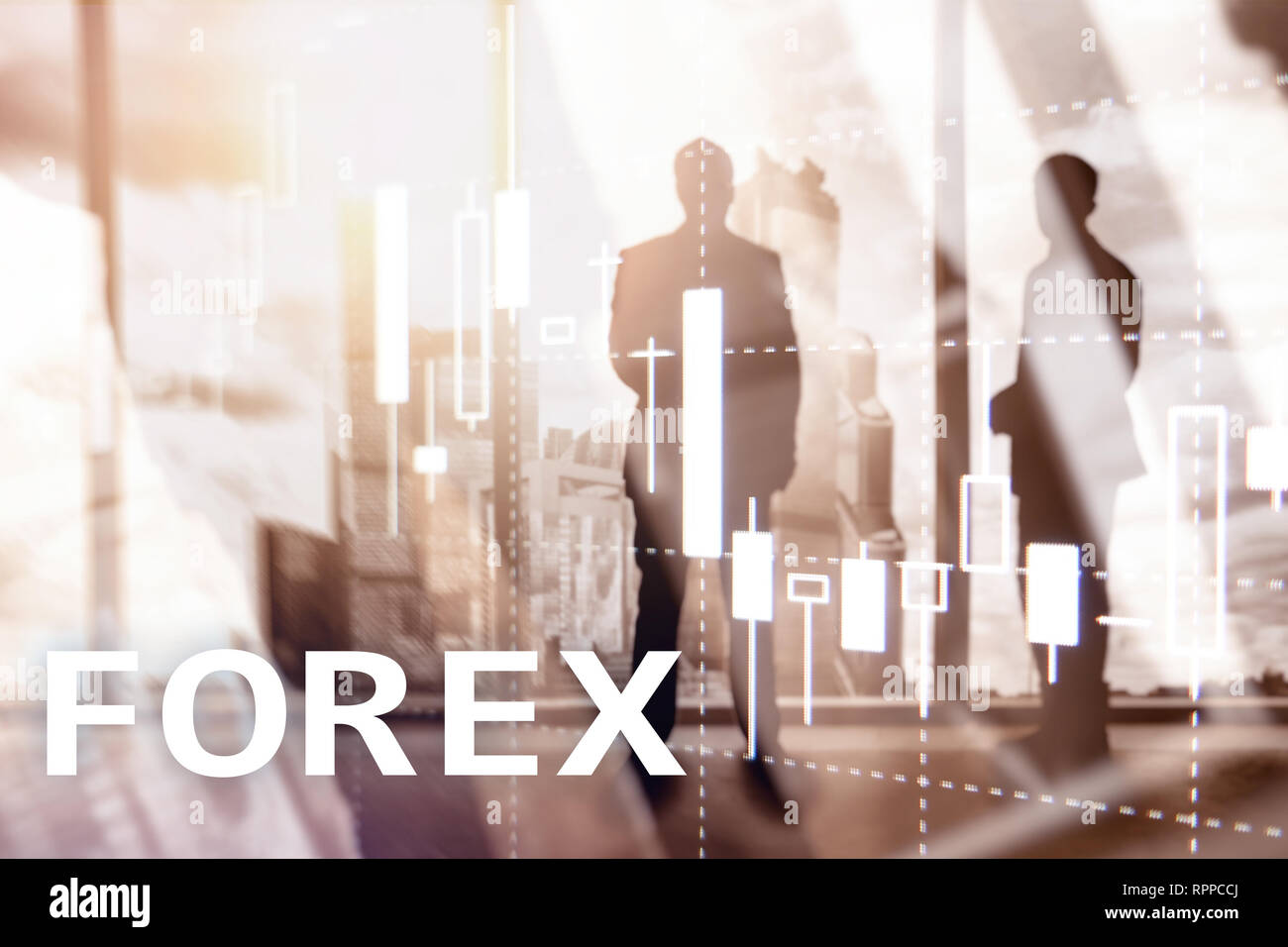 Forex trading, financial candle chart and graphs on blurred business ...