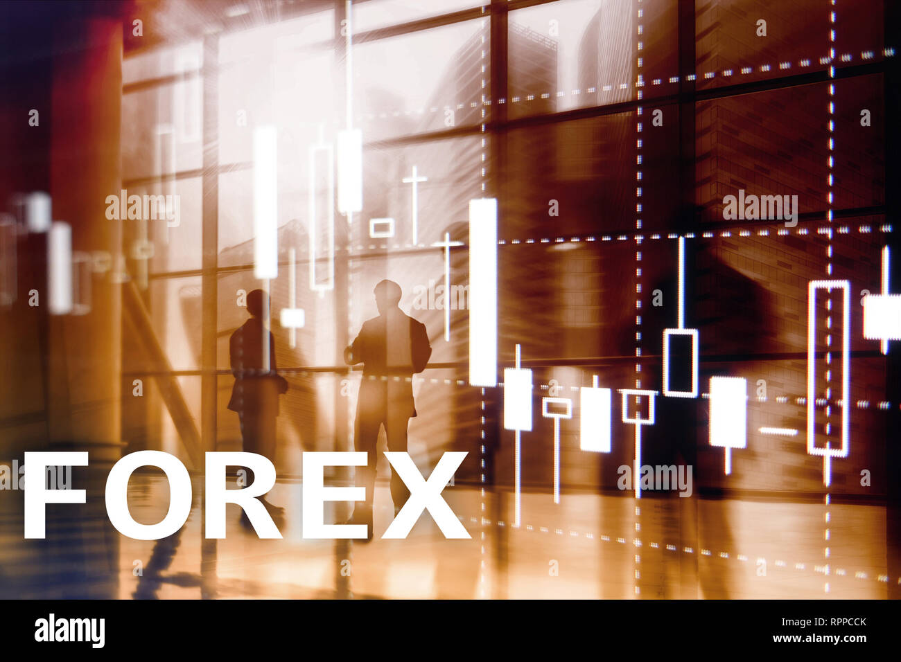 Forex trading, financial candle chart and graphs on blurred business ...