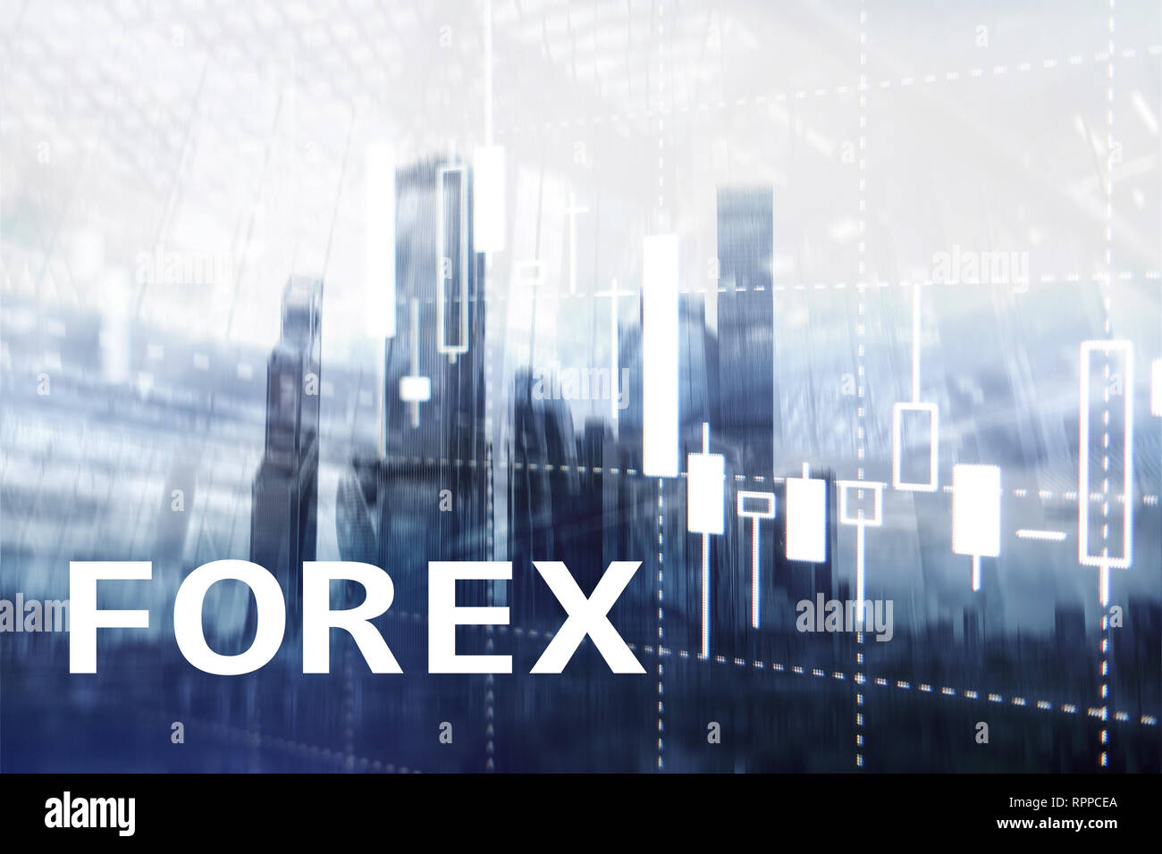 Forex trading, financial candle chart and graphs on blurred business ...