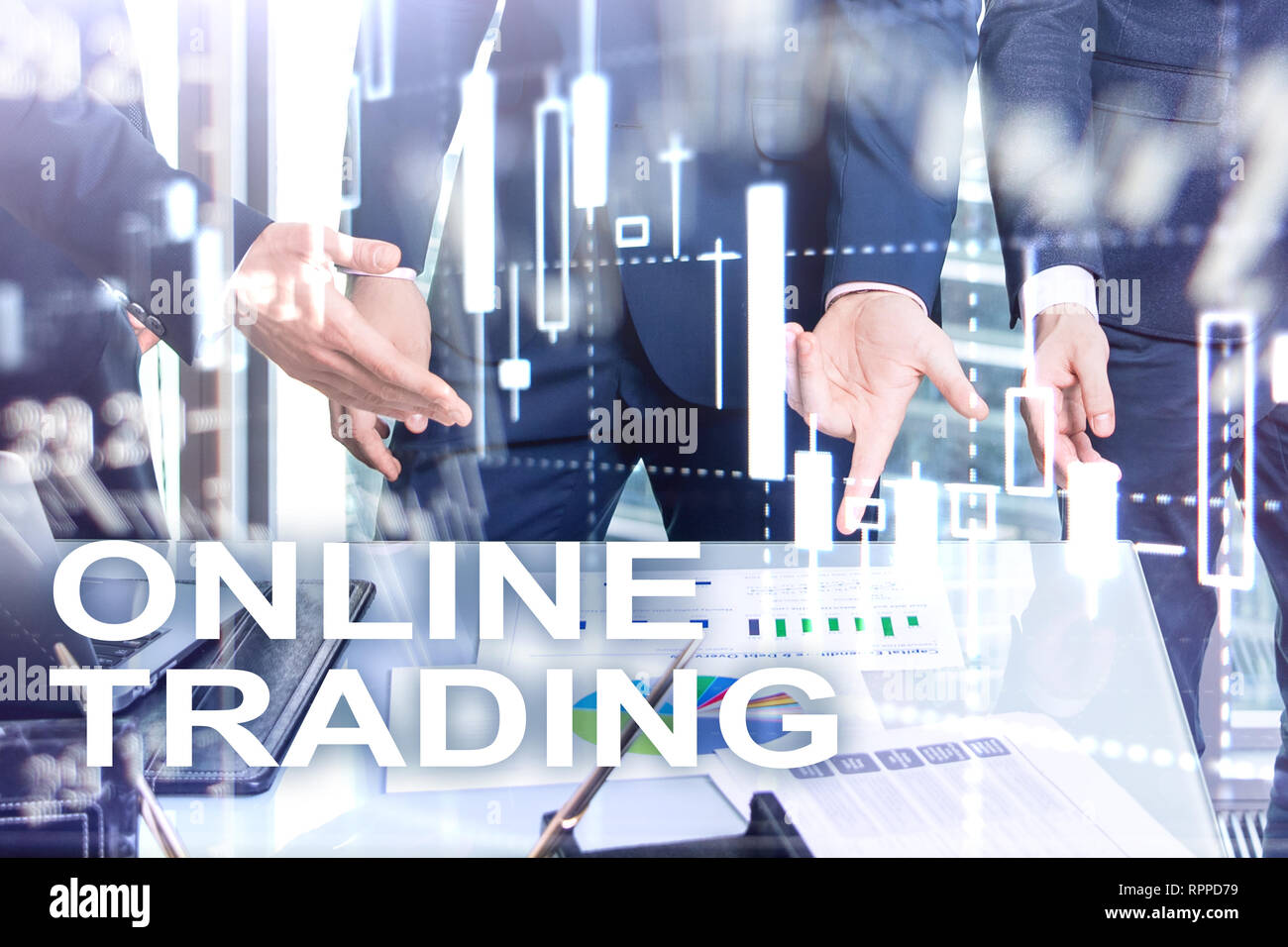 Online trading, FOREX, Investment concept on blurred business center ...