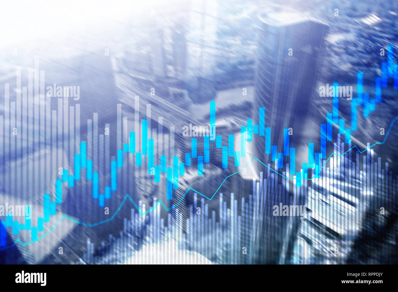 Stock trading candlestick chart and diagrams on blurred office center ...