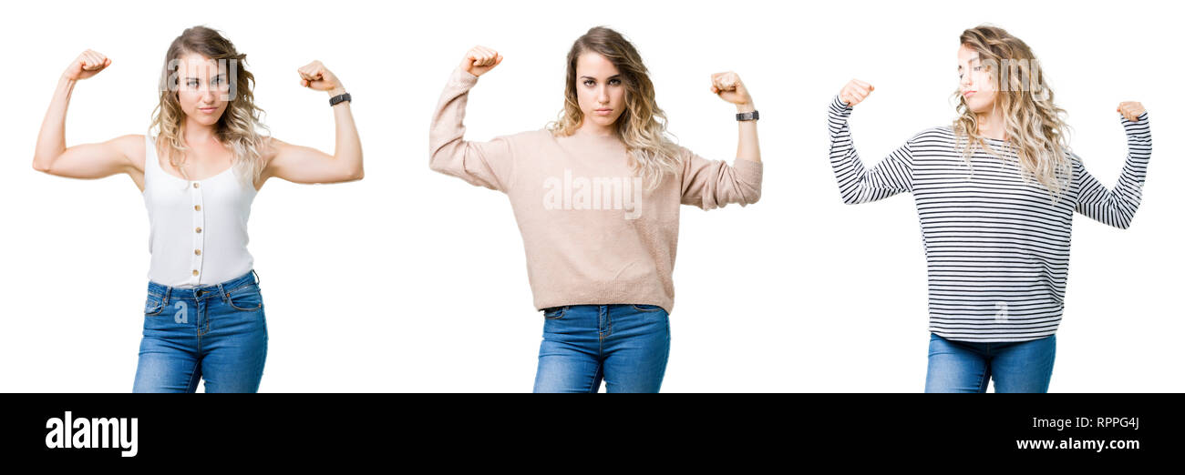 Collage of young beautiful blonde girl over isolated background showing ...