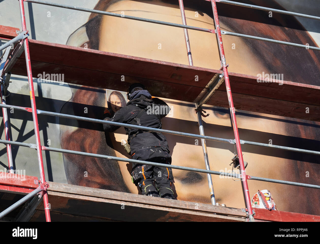 22 February 2019, Berlin: The artist Tank is standing on the scaffold ...