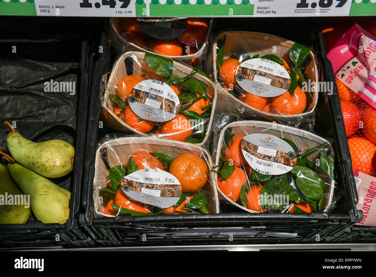 Berlin, Germany. 22nd Feb, 2019. Mandarins in a basket and wrapped in ...