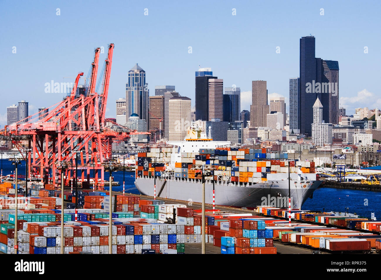 Commercial dock with city in background, Seattle, Washington, United ...