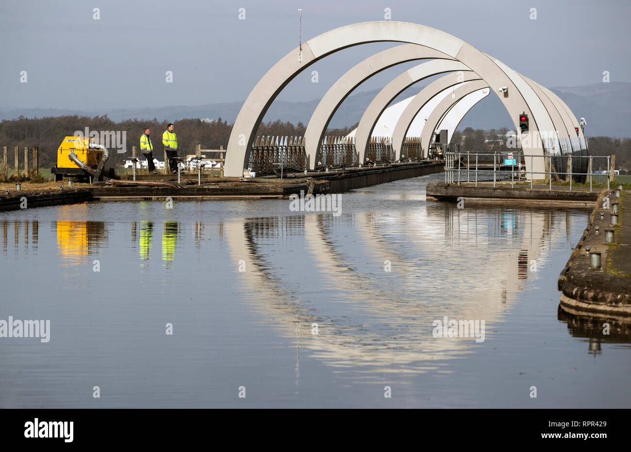 Engineers alongside the aqueduct on top of the Falkirk Wheel as the ...
