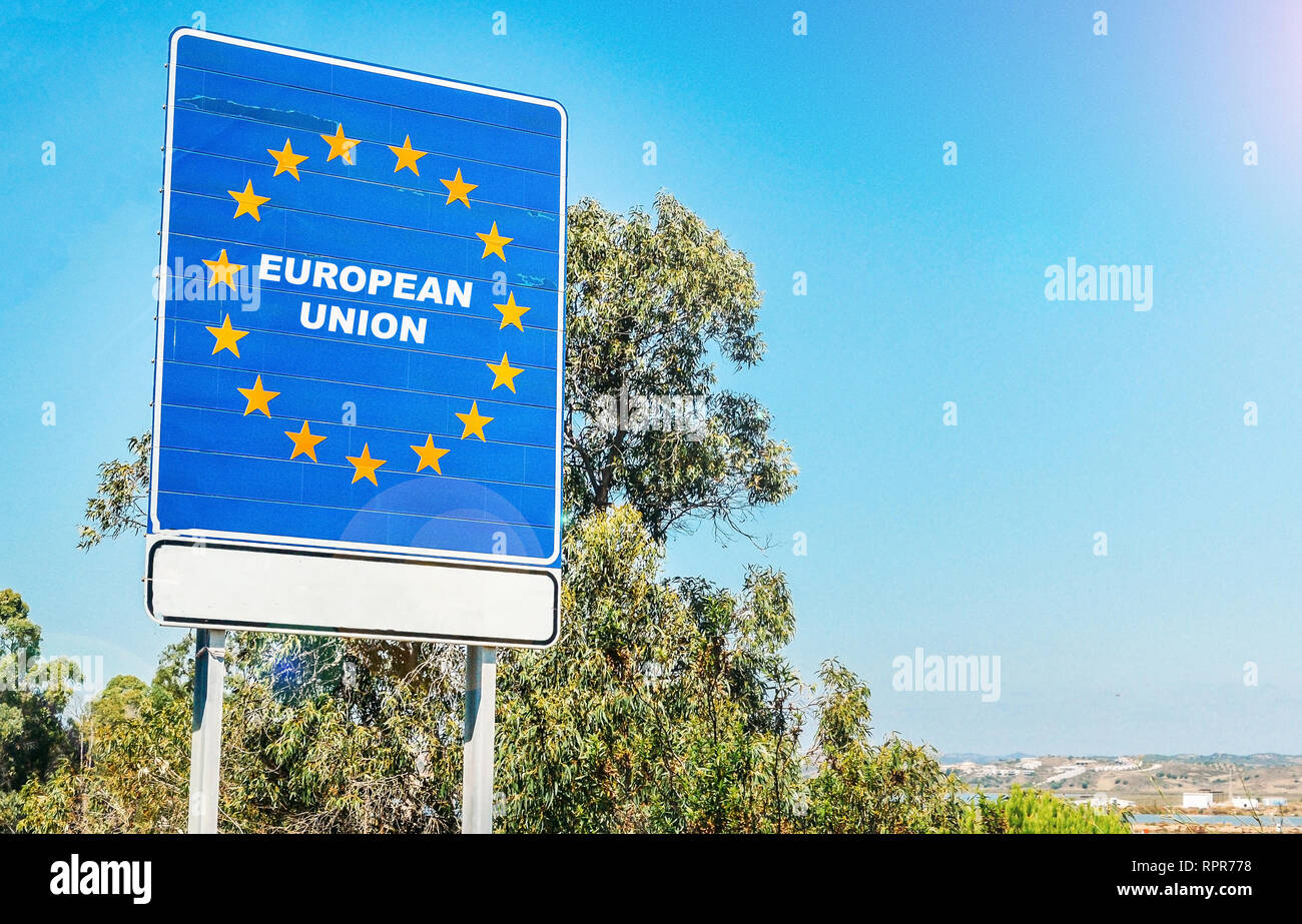 Road sign on the border as part of an European Union member state Stock ...