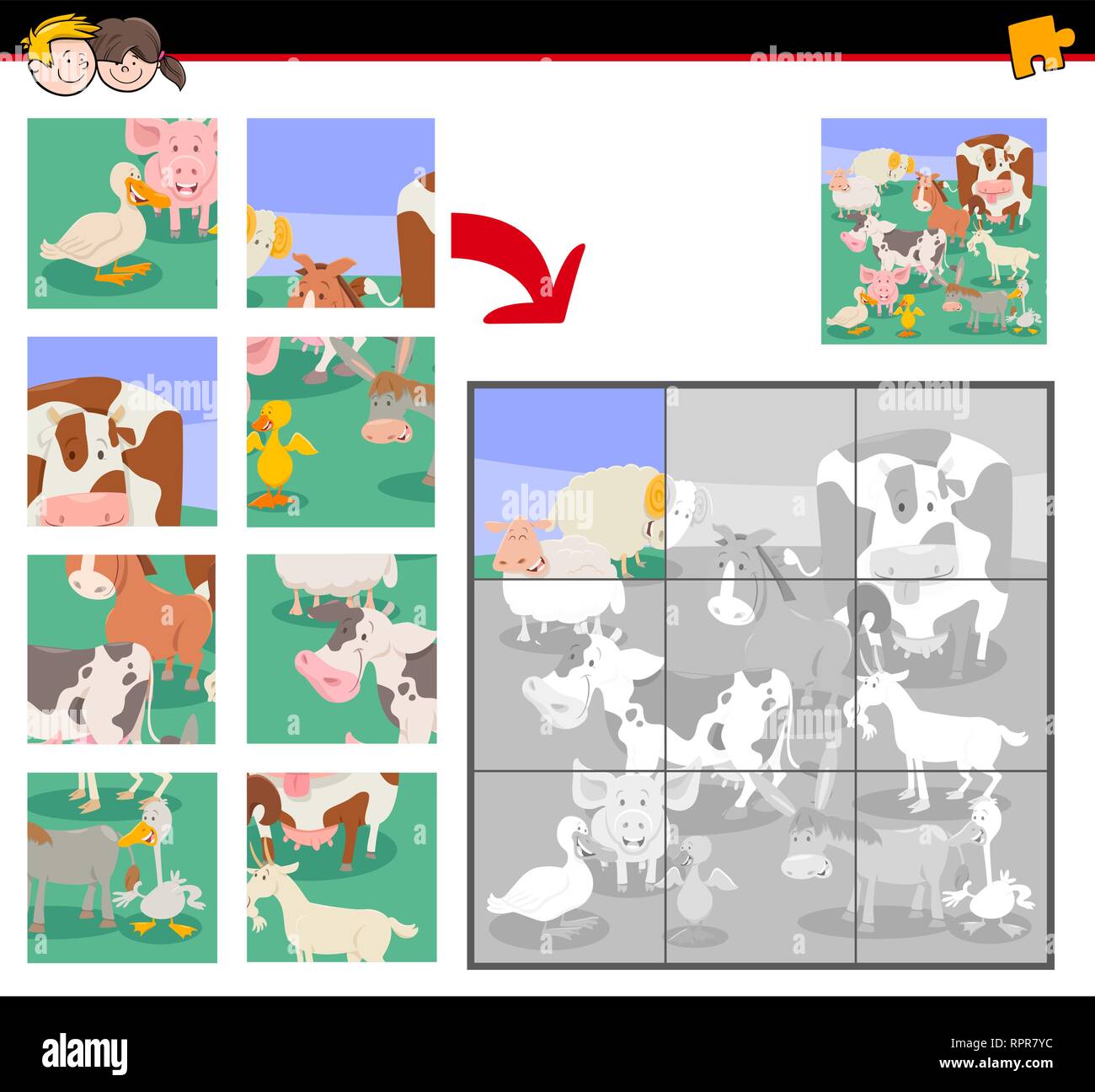 Cartoon Illustration of Educational Jigsaw Puzzle Game for Kids with ...